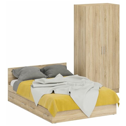 Кровать двуспальная с ящиками 1400 со шкафом для одежды 2-х створчатым Стандарт, цвет дуб сонома, спальное место 1400х2000 мм, без матраса, основание