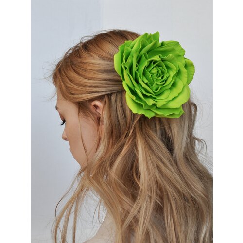 Цветок ручной работы заколка для волос большая роза пион зеленый