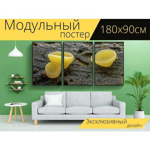 Модульный постер "Грибы, желтый, чашки" 180 x 90 см. для интерьера