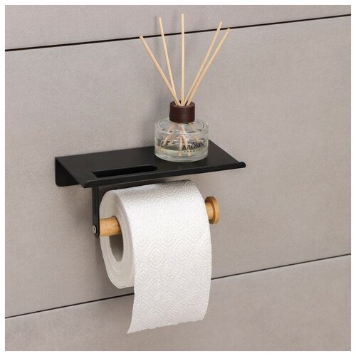Держатель для туалетной бумаги с полочкой BAMBOO, 18×9,7×7,5 см, цвет чёрный