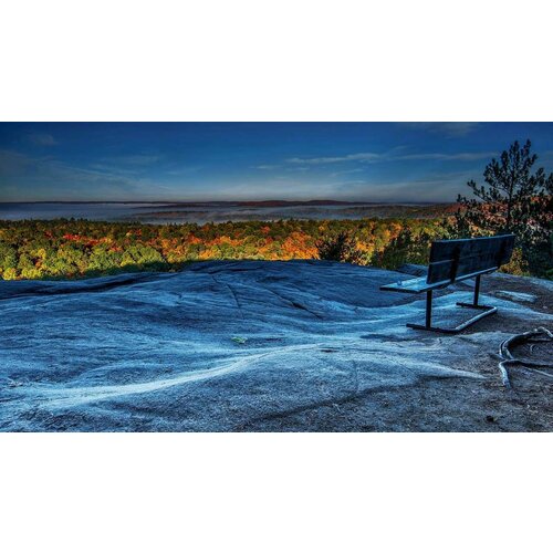 Картина на холсте 60x110 Альянс Лес "Гора пейзаж скамья утро" на подрамнике / интерьер/ декор