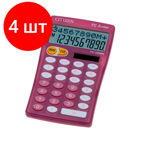 Комплект 4 шт, Калькулятор настольный Citizen FC-100NPK, 10 разр, двойное питание, 76*128*17мм, розовый