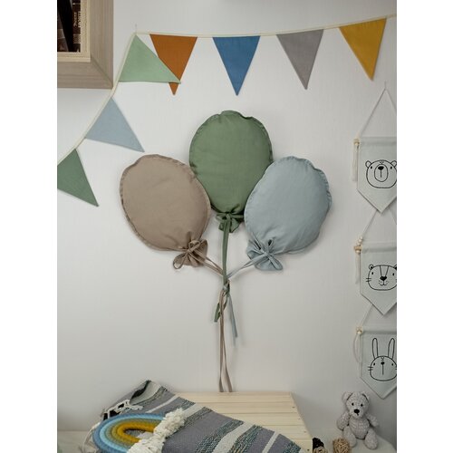 Воздушные шарики из ткани 3 шт./ Декор на стену в детскую комнату/ Сканди декор для детской / Какао, лавровый лист, серый