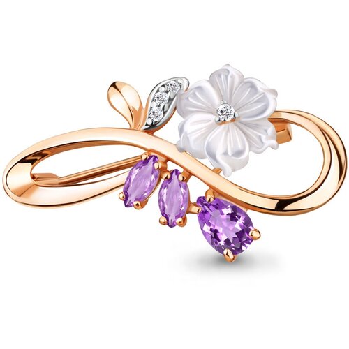 Брошь Diamant online, серебро, 925 проба, золочение, фианит, перламутр, аметист