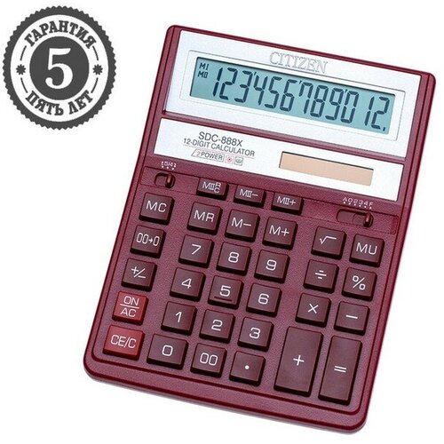 Калькулятор настольный Citizen "SDC-888XRD", 12-разрядный, 158 х 203 х 31 мм, двойное питание, красный