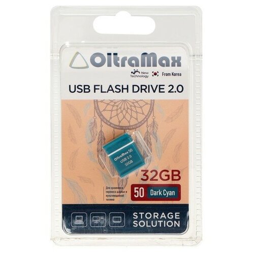 Флешка OltraMax 50, 32 Гб, USB2.0, чт до 15 Мб/с, зап до 8 Мб/с, т/зеленая