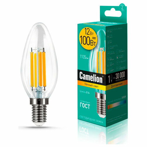 Лампа CAMELION Е14 12Вт 3000K 1105Лм LED12-C35-FL/830/E14 светодиодная филаментная 13708 теплый белый, свеча