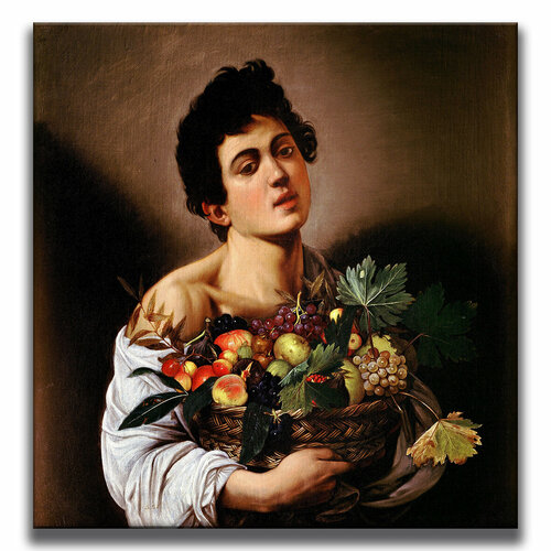 Картина для интерьера на холсте Караваджо Микеланджело «Юноша с корзиной фруктов» 60х62 холст без подрамника