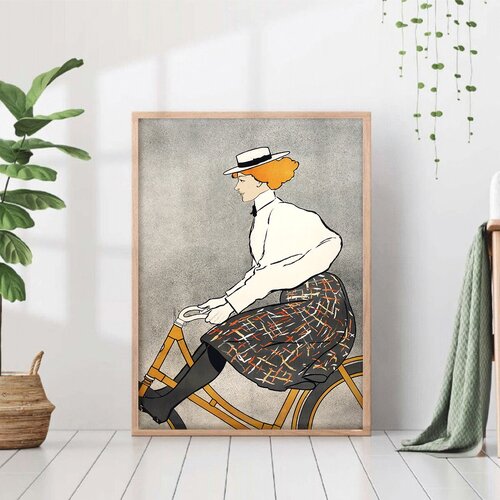 Постер без рамки "Женщина на велосипеде ретро иллюстрация" 50 на 70 в тубусе / Картина для интерьера / Плакат / Постер на стену