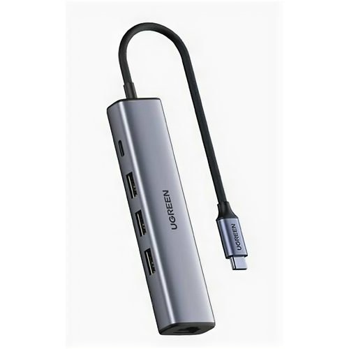 Хаб UGREEN CM475 (20932) Type-C to 3x USB 3.0 + RJ45 (Gigabit) + USB-C PD (100W), Gray