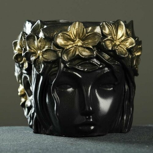 Горшок - органайзер "Лицо девушки", черно-золотой, 0,35л, 12х10х12 см, гипс, горшок для цветов
