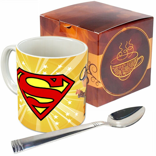 Кружка с ложкой в подарочной коробке "Супер дедушка", классическая, для чая и кофе, керамика, 330 мл