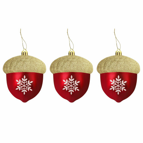 Елочные игрушки (новогоднее украшение) для декора набор Желуди 3 шт, 9х8 см, пластик, цвет: красный/золотистый, Золотая Сказка, 591998