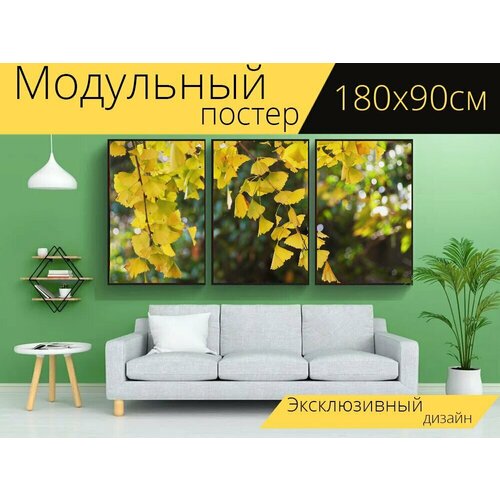 Модульный постер "Желтые листья, дерево гинкго, гинкго дерево" 180 x 90 см. для интерьера
