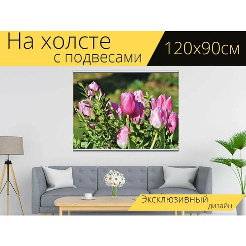 Картина на холсте "Тюльпан, цветок тюльпана, поле тюльпанов" с подвесами 120х90 см. для интерьера