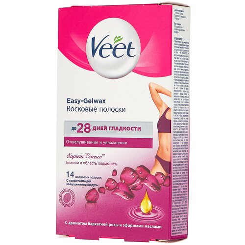 Veet Восковые полоски Suprem'Essence с ароматом бархатной розы и эфирными маслами для линии бикини и области подмышек 27 г 14 шт.