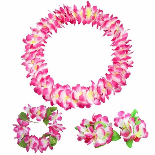 Гавайский набор Алоха пышно-розовый (лея, венок, 2 браслета), Гавайская вечеринка