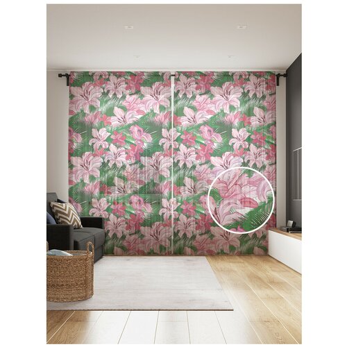 Тюль для кухни и спальни JoyArty "Лилии в тропиках", 2 полотна со шторной лентой шириной по 145 см, высота 265 см. Зеленый, розовый, графит