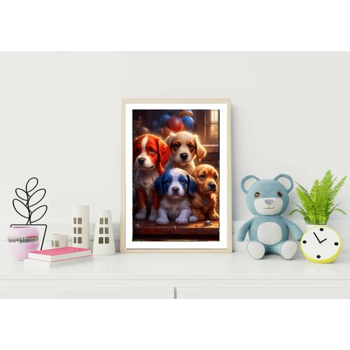 Постер "Четыре милых щенка" Cool Eshe из коллекции "Интерьеры на любой вкус", А4 (29,7 х 21 см)