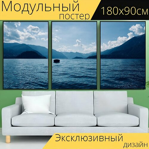 Модульный постер "Пейзаж, лодка, вода" 180 x 90 см. для интерьера