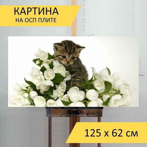 Картина на ОСП 125х62 см. "Котенок, кошка, цветы" горизонтальная, для интерьера, с креплениями