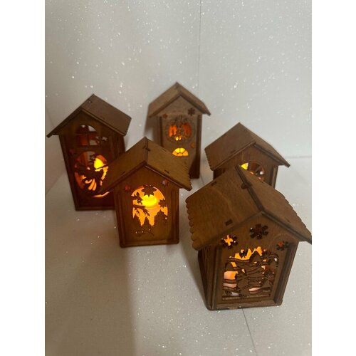 Деревянные домики с подсветкой для декора интерьера, 5шт в цвете мокко.