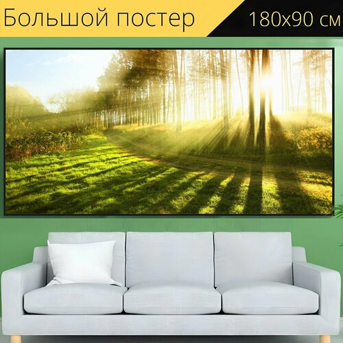 Большой постер "Природа, заход солнца, лес" 180 x 90 см. для интерьера
