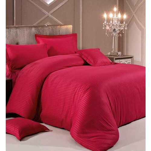 Комплект постельного белья, Cheery home, полисатин страйп однотонный, Семейный с 2-мя пододеяльниками и 2-мя наволочками 70*70, цвет красный.