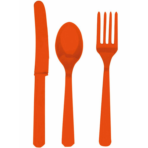 Прочные пластиковые приборы оранжевые: вилка, нож, ложка, 24 шт