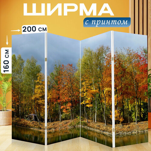 Ширма перегородка с принтом "Осенний лес, золотой, озеро" на холсте - 200x160 см. для зонирования, раскладная