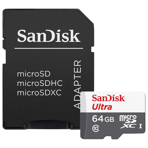 Карта памяти SanDisk microSDXC 64 ГБ Class 10, UHS-I, R/W 80/10 МБ/с, адаптер на SD, черный