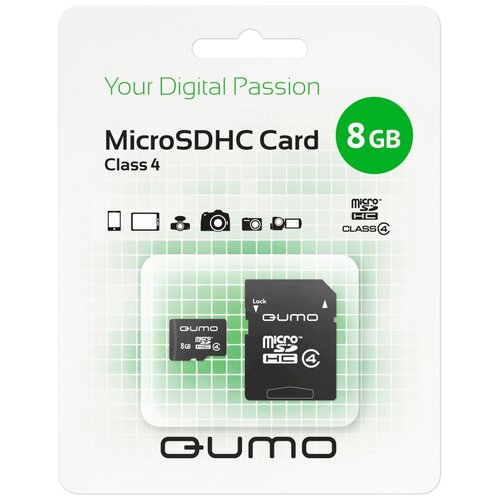 Карта памяти Qumo microSDHC 8 ГБ Class 4, адаптер на SD