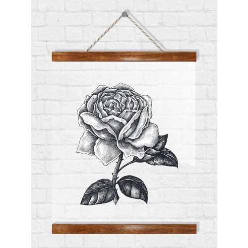 Постер / Плакат / Картина Прозрачный постер - Цветок розы на черенке с листьями 60x90