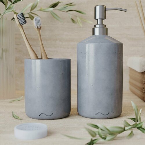 Набор для ванной комнаты Astrid 03 (стакан для щеток Astrid, дозатор Astrid для жидкого мыла с помпой металлик), бетон, серый глянцевый