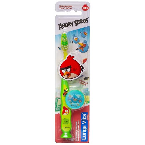Зубная щетка Longa Vita Angry Birds детская с защитным колпачком, присоской от 5-и лет салатовая AB-1-НТМ/салатовая