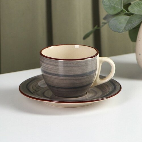 Чайная пара керамическая Доляна «Морской мир», 2 предмета: чашка 200 мл, блюдце d=14,5 см, цвет коричневый