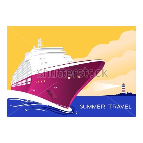 Постер на холсте Яркий плакат в стиле арт-деко на тему летних путешествий с большим круизным лайнером в море и светящимся маяком вдали 71см. x 50см.