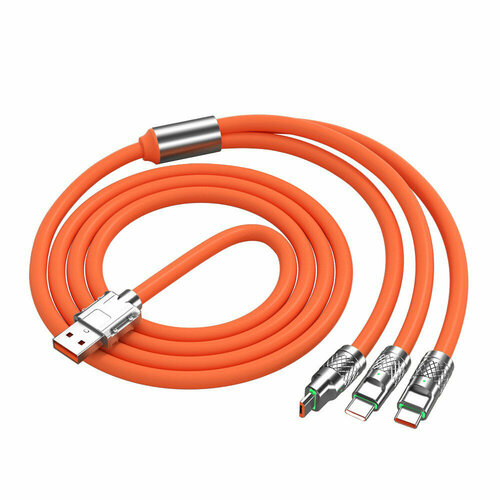 Кабель для быстрой зарядки USB 3-в-1, Type-C+Lightning+microUSB, 2 метра 6А 120Вт оранжевый