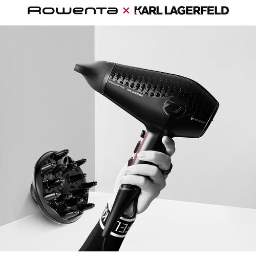 Фен для волос Rowenta Karl Lagerfeld CV613LF0 черный/розовый, 1800 Вт, AC мотор, съёмная задняя решётка, ультра-холодный воздух, диффузор в комплекте