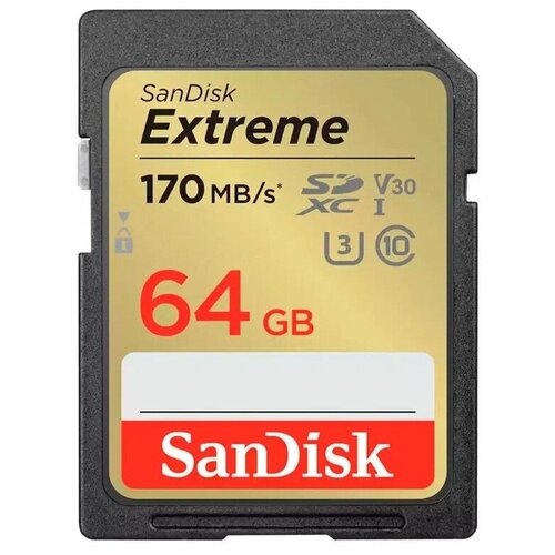 Карта памяти SanDisk SDXC 64 ГБ Class 10, V30, A2, UHS-I U3, R 170 МБ/с, 1 шт., золотистый