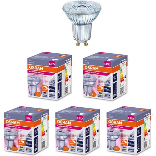 Лампа светодиодная OSRAM 4.5W=50W 220V Софит PARATHOM GU10 PAR16 350Лм Диммируемая угол 36° 4000К Ra≥90 Нейтральный белый, уп. 5шт