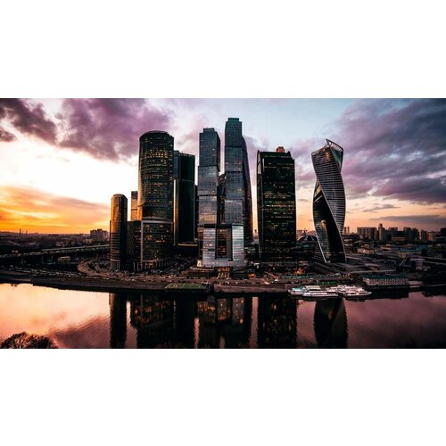 Картина на холсте 60x110 LinxOne "Москва Москва Сити город" интерьерная для дома / на стену / на кухню / с подрамником