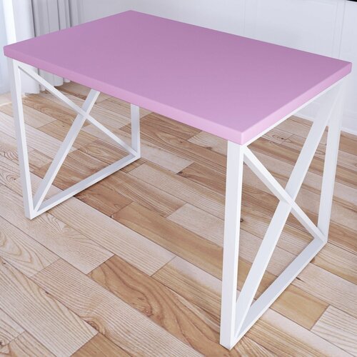 Стол кухонный Loft со столешницей розового цвета из массива сосны 40 мм и белыми металлическими крестообразными ножками, 110х60х75 см