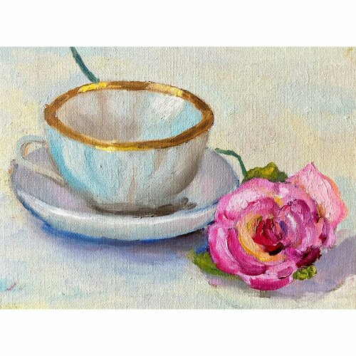 Картина маслом ручной работы Натюрморт с чашкой и розой в раме