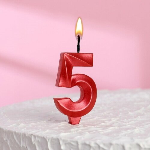 Свеча в торт "Грань", цифра "5", красный металлик, 6,5 см