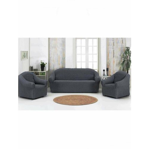 Чехол на диван и 2 кресла без оборки, диван трехместный, на резинке, универсальный, чехол для мягкой мебели, комплект, накидка дивандек на диван и кресло