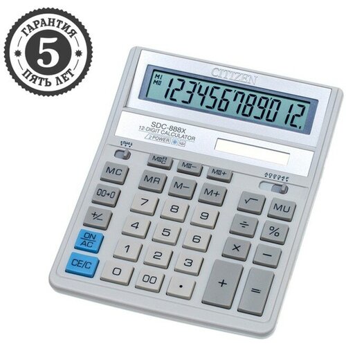 Калькулятор настольный Citizen "SDC-888XWH", 12-разрядный, 158 х 203 х 31мм, двойное питание, белый