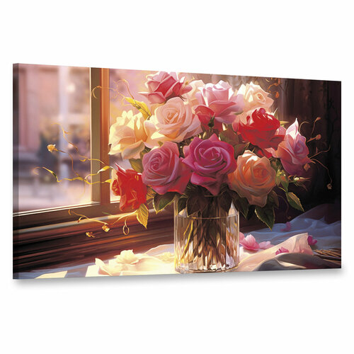 Интерьерная картина 100х60 "Розы в золотой росе"