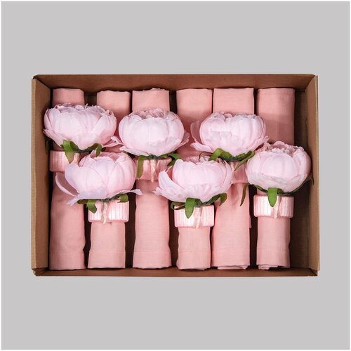 Набор подарочный розовые салфетки и кольца с пионами на 6 персон