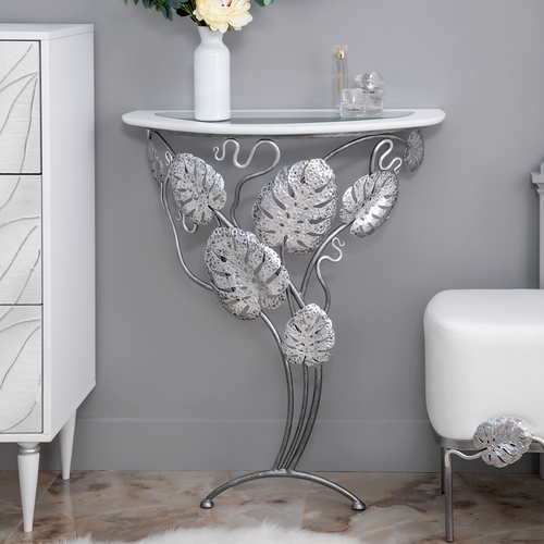 Туалетный столик Bogacho консольный Monstera Deliciosa Glass для макияжа белый с ковкой серебро